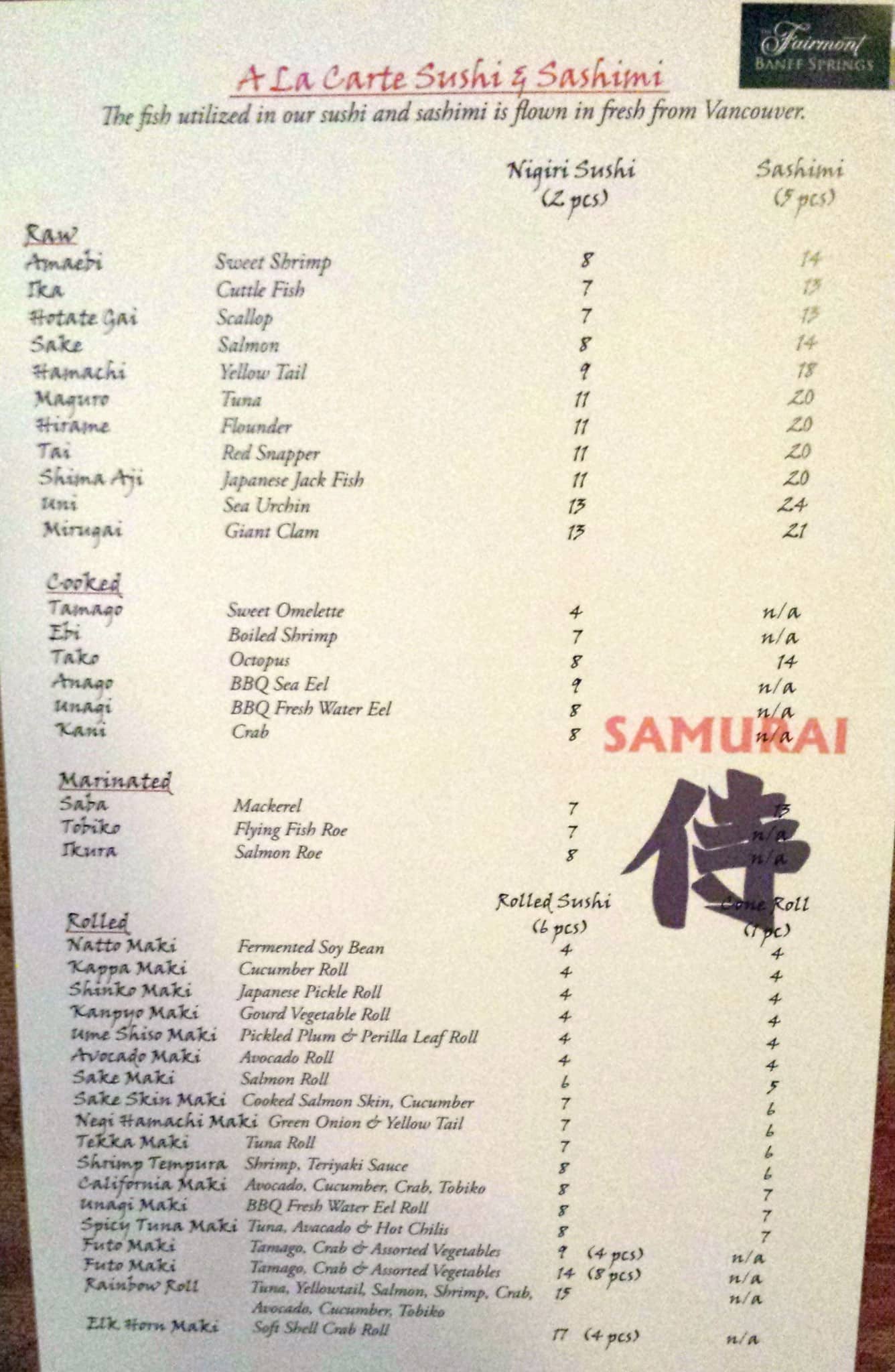 Menu at Samurai Sushi Bar and Restaurant, Banff
