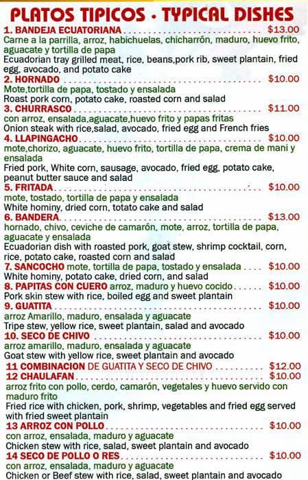Menu at Ecuadorian Food restaurant, New York City