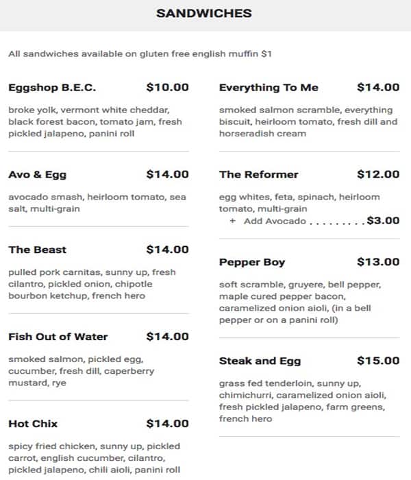 Menu at Egg Shop cafe, New York City, 151 Elizabeth St