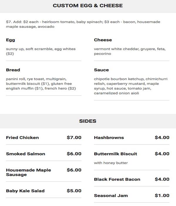 Menu at Egg Shop cafe, New York City, 151 Elizabeth St