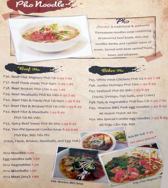 Menu at Pho Yen Phi - Authentic Vietnamese Cuisine restaurant, Coppell