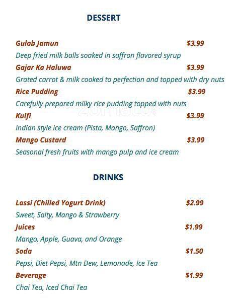 Menu at Taz Indian Restaurant, Aurora, E Alameda Ave