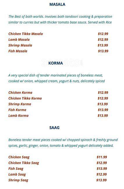 Menu at Taz Indian Restaurant, Aurora, E Alameda Ave