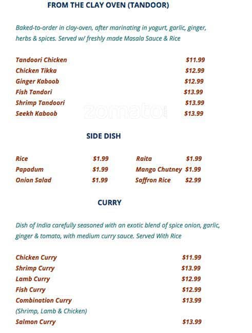 Menu at Taz Indian Restaurant, Aurora, E Alameda Ave