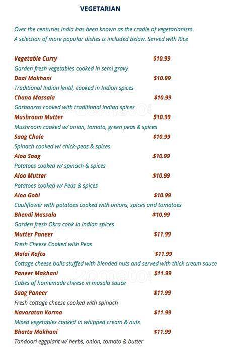 Menu at Taz Indian Restaurant, Aurora, E Alameda Ave