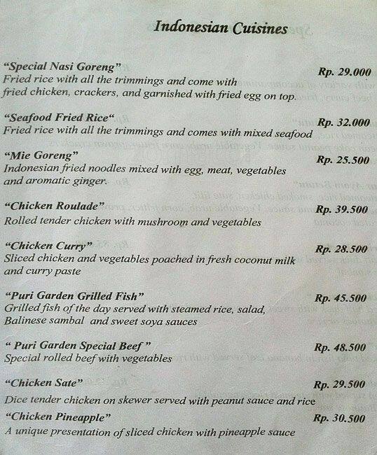 Carta de Puri Garden Restaurant, Bedulu