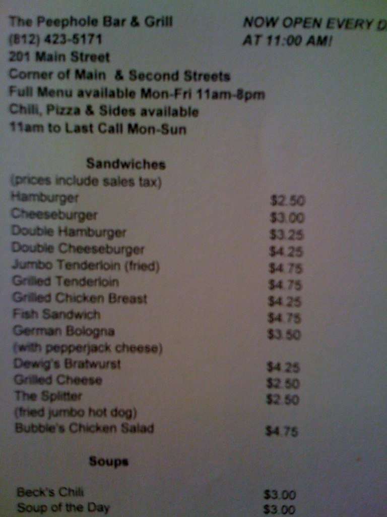 Menu at Peephole Bar & Grill, Evansville