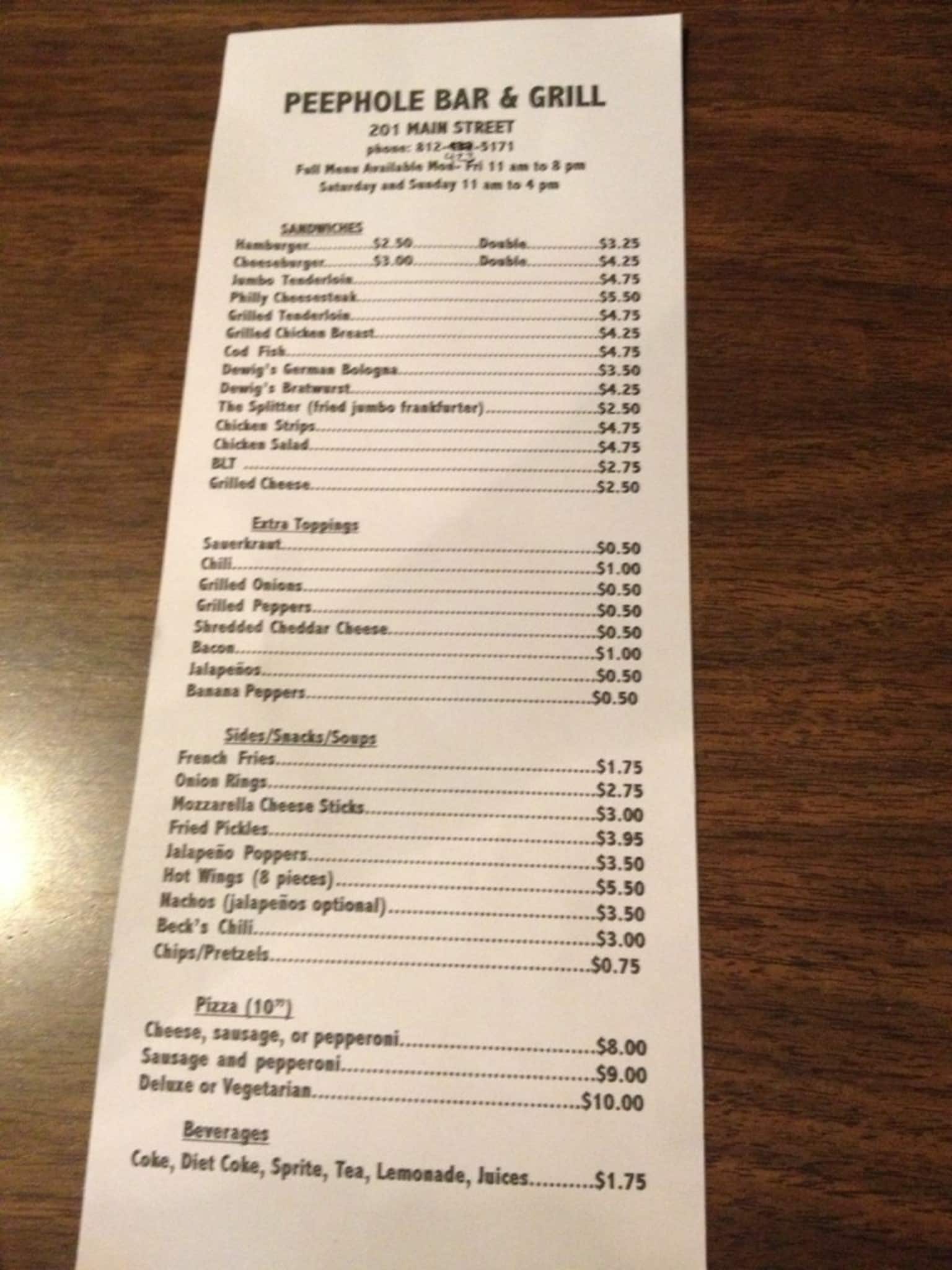 Menu at Peephole Bar & Grill, Evansville