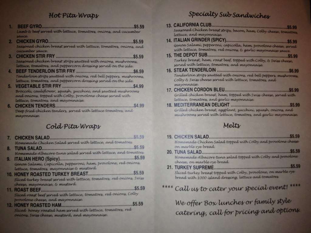 Menu at The Depot restaurant, South Haven
