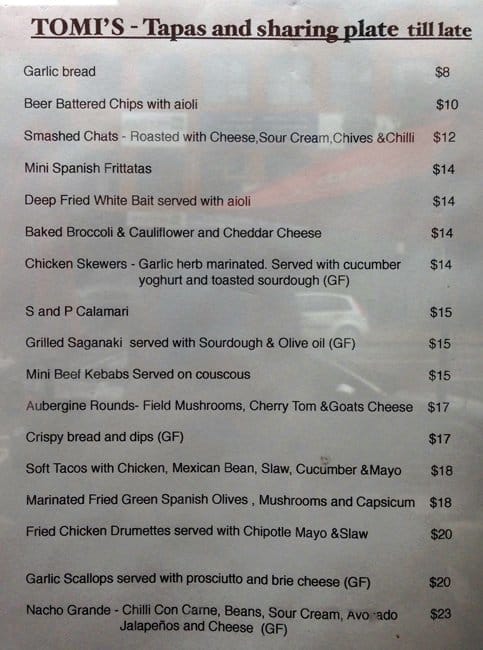 Menu at Tomi Lounge Bar, Geelong