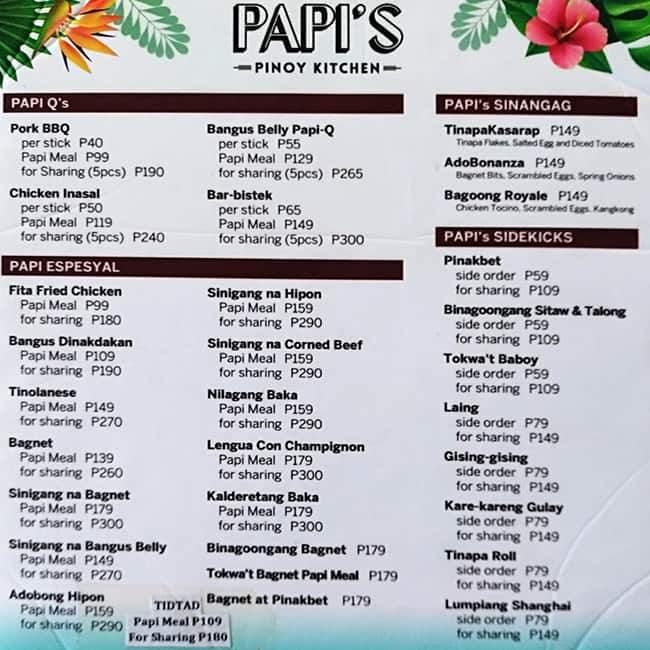Papi's Pinoy Kitchen Menu, Menu for Papi's Pinoy Kitchen, Palanan ...