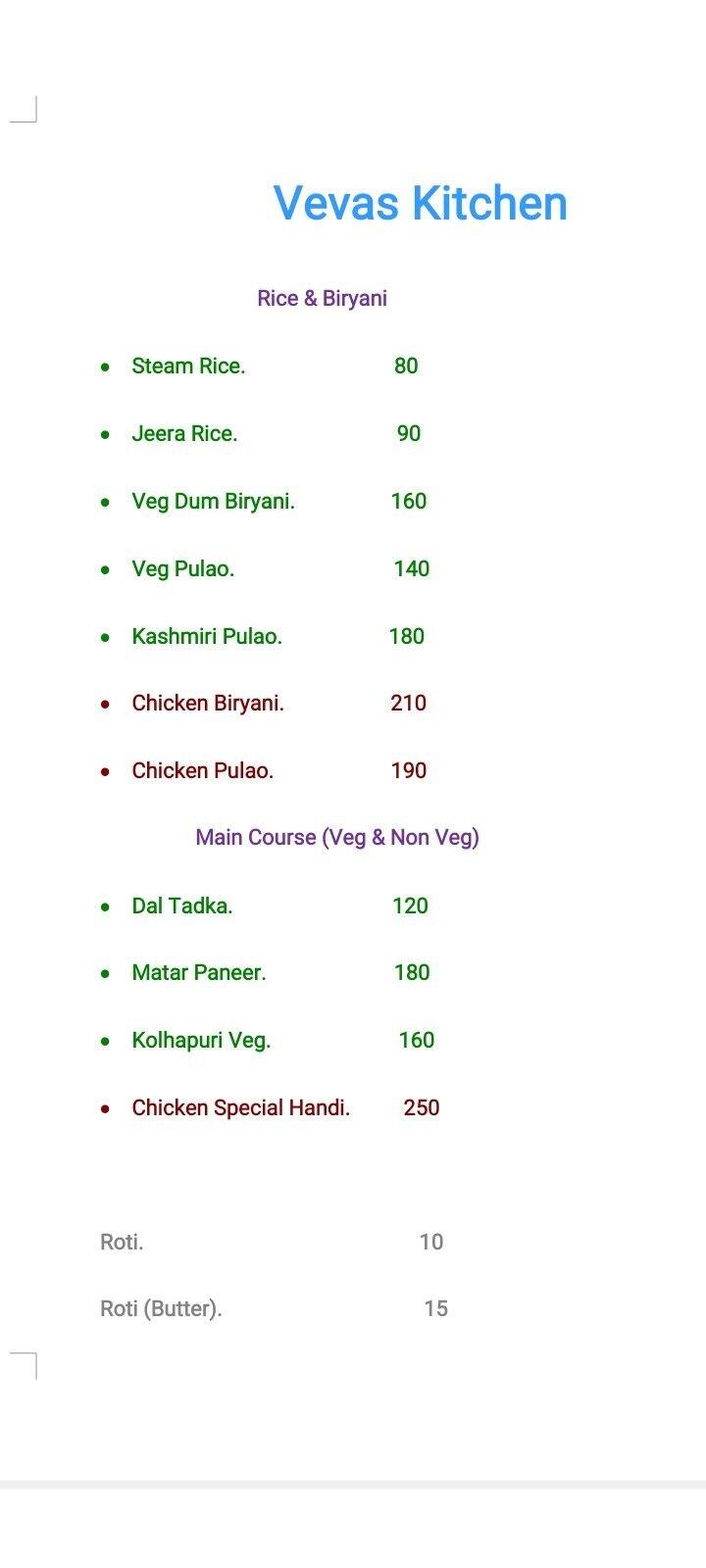 Menu of Vevas Kitchen, Kalyan, Thane