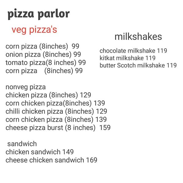 Menu of Pizza Parlour, Jeedimetla, Hyderabad