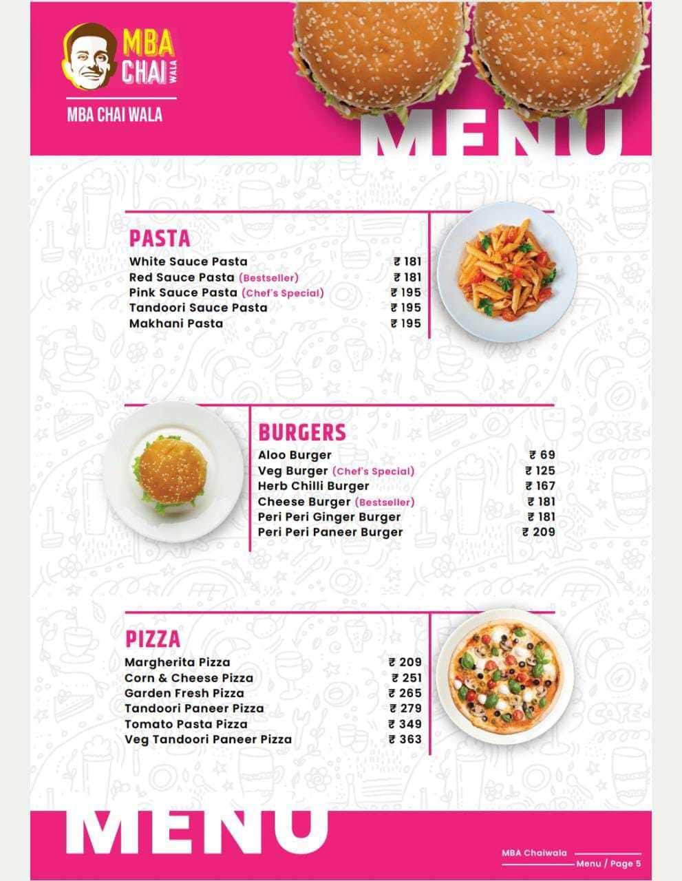 Menu of MBA Chai Wala, Mukherjee Nagar, New Delhi