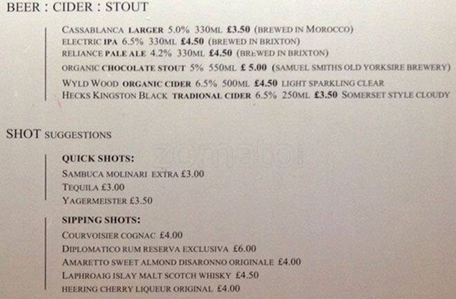 Carta del pub y bar Cairo Kitchen, Londres