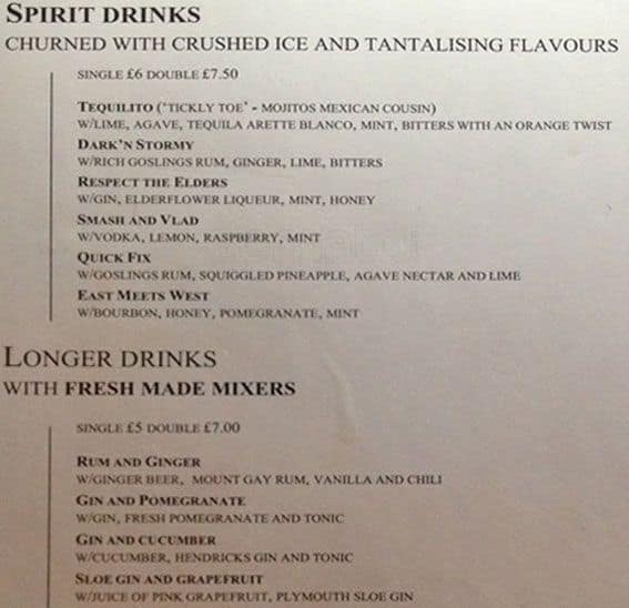 Carta del pub y bar Cairo Kitchen, Londres