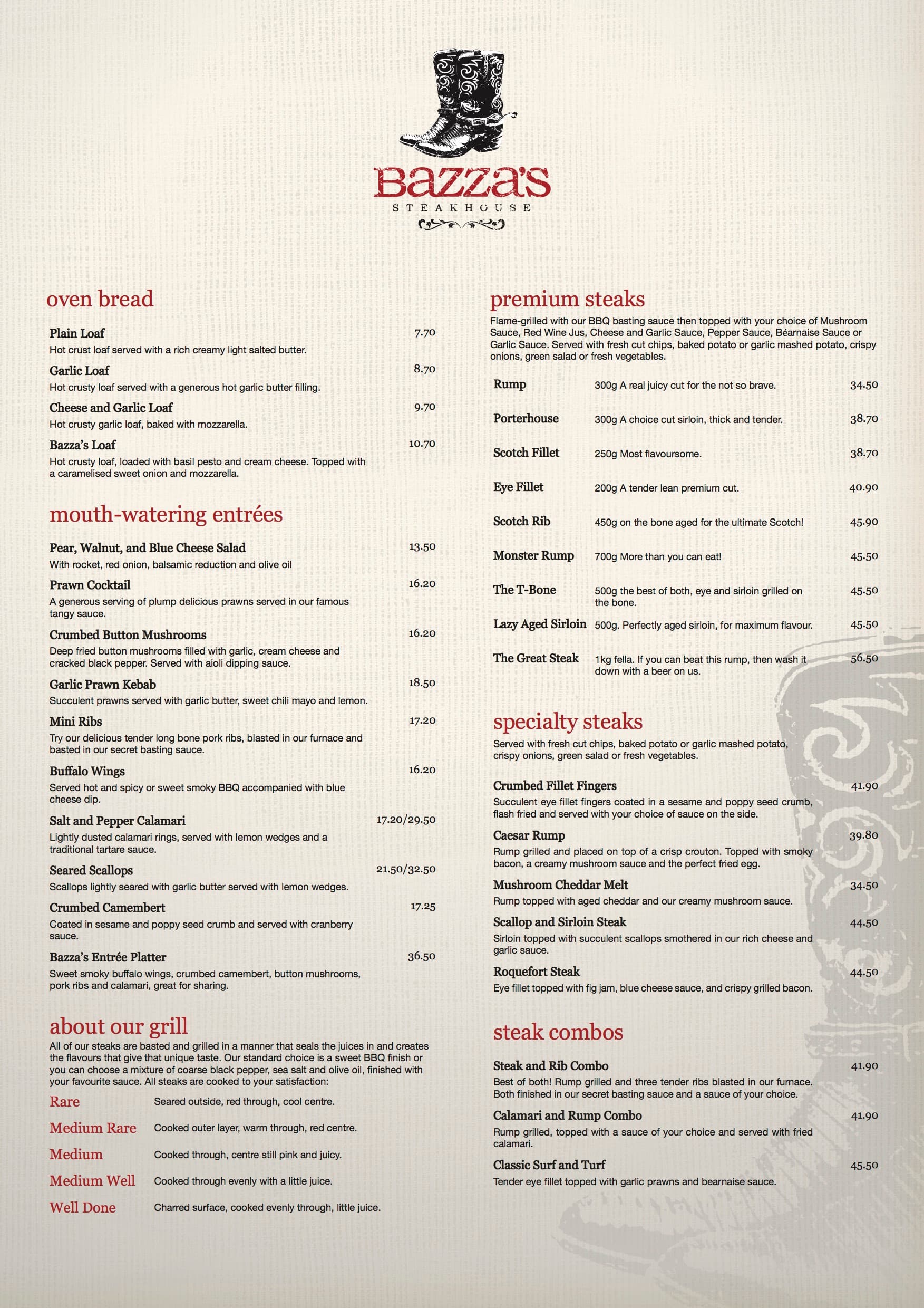 Menu at Bazza's Steakhouse, Pukekohe, 56 King St