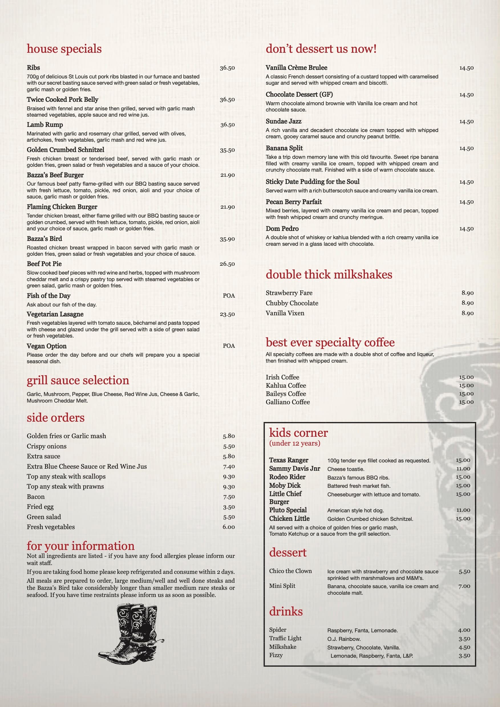 Menu at Bazza's Steakhouse, Pukekohe, 56 King St
