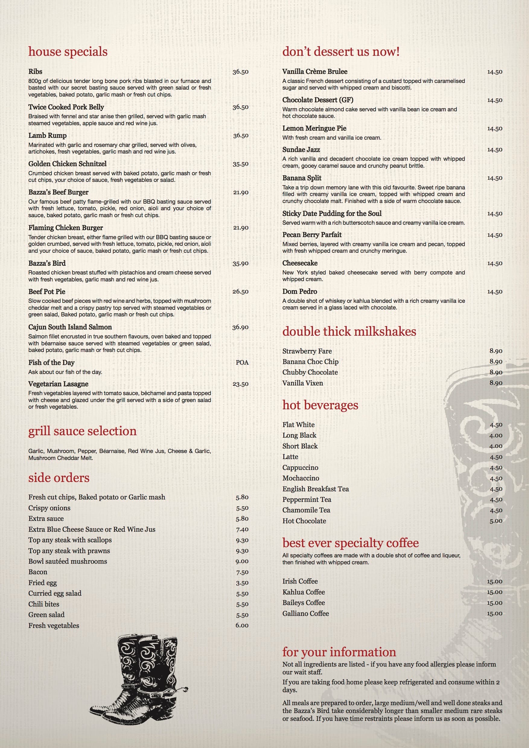 Menu at Bazza's Steakhouse, Pukekohe, 56 King St