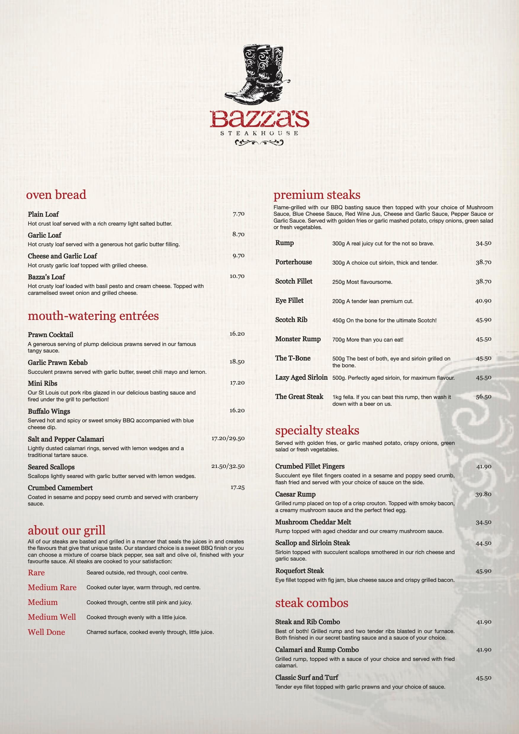 Menu at Bazza's Steakhouse, Pukekohe, 56 King St