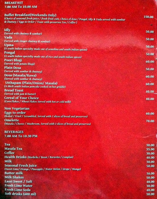 Menu at Riviera, Chennai, Mayas Resort