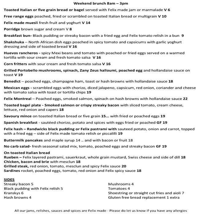 Menu at Felix Cafe, Wellington