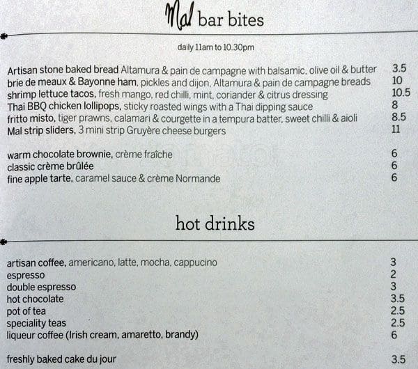 Menu at Malmaison Edinburgh restaurant, Edinburgh