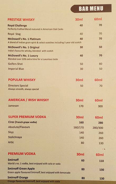 Menu of Gaja's Bar & Restaurant, Baga, Goa