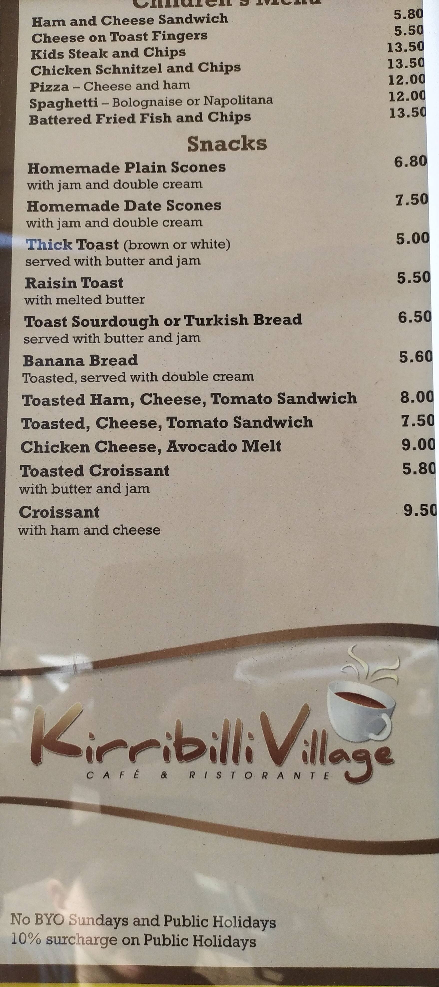 Menu at Kirribilli Village Cafe, Kirribilli, 3 Broughton St