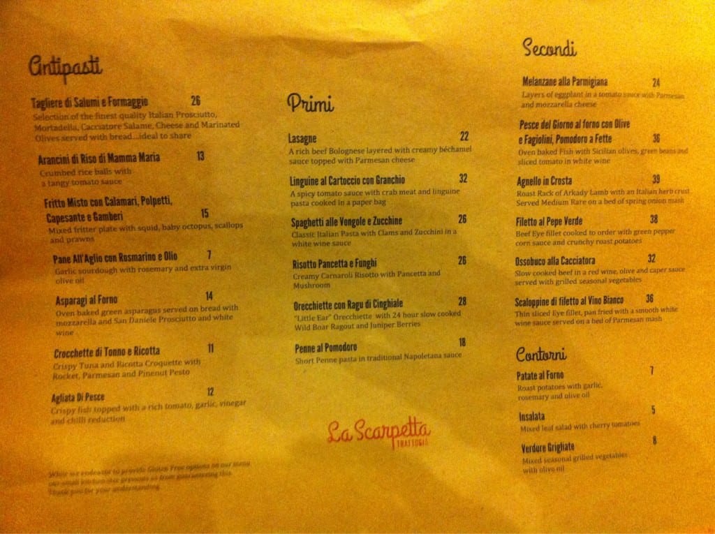 Menu at La Scarpetta restaurant, Margaret River