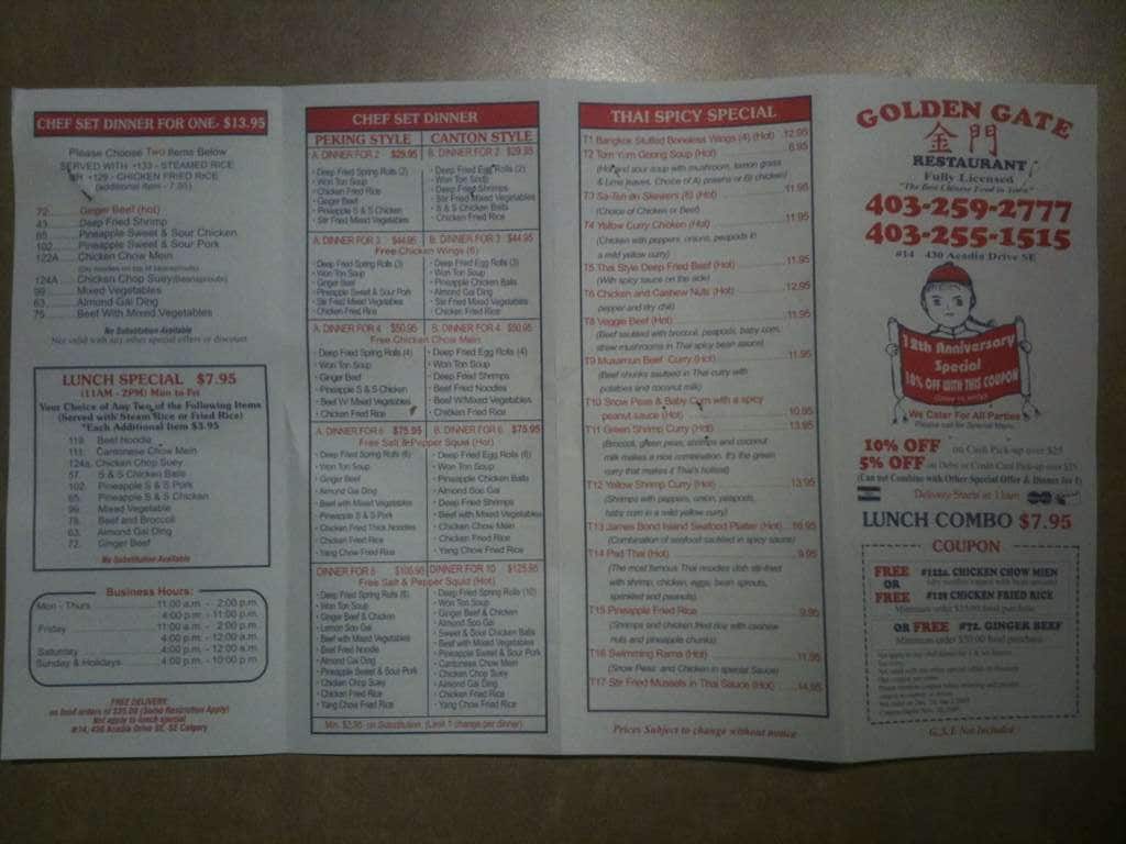 Menu at Golden Gate Restaurant, Calgary, 430 Acadia Dr SE #14