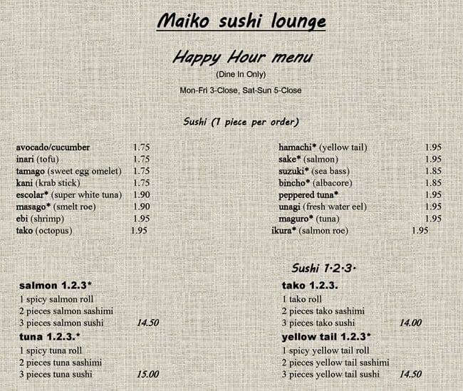 Menu at Maiko restaurant, Austin