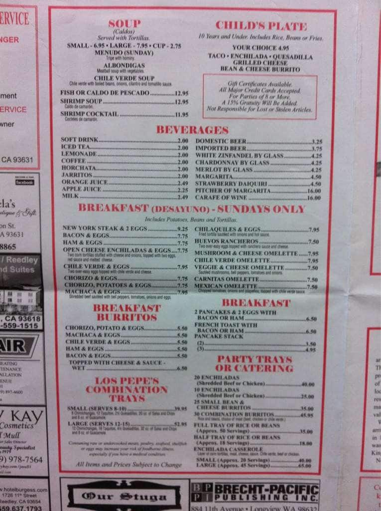 Menu at Los Pepes Authentic Mexican Food restaurant, Kingsburg