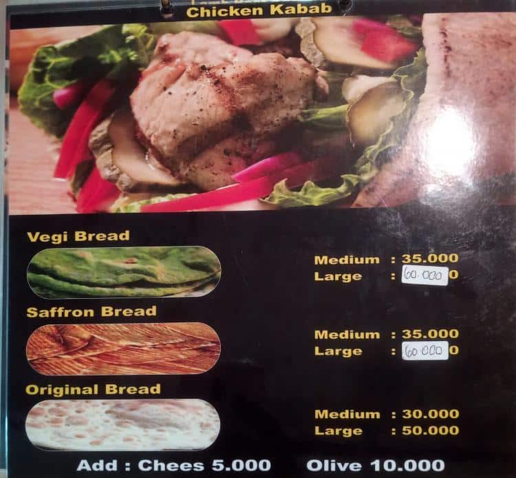 Menu at Persian Kebab restaurant, Tangerang