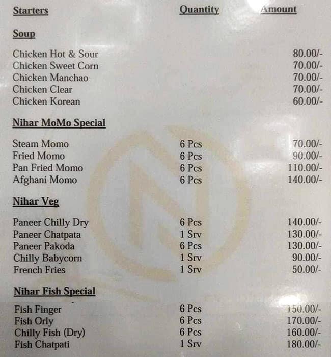 Menu at Nihar Restaurant, Kolkata