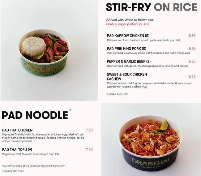 Menu at Grab Thai restaurant, London