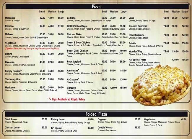 Speisekarte von Akhalwaya's restaurant, Johannesburg, 80 Central Road