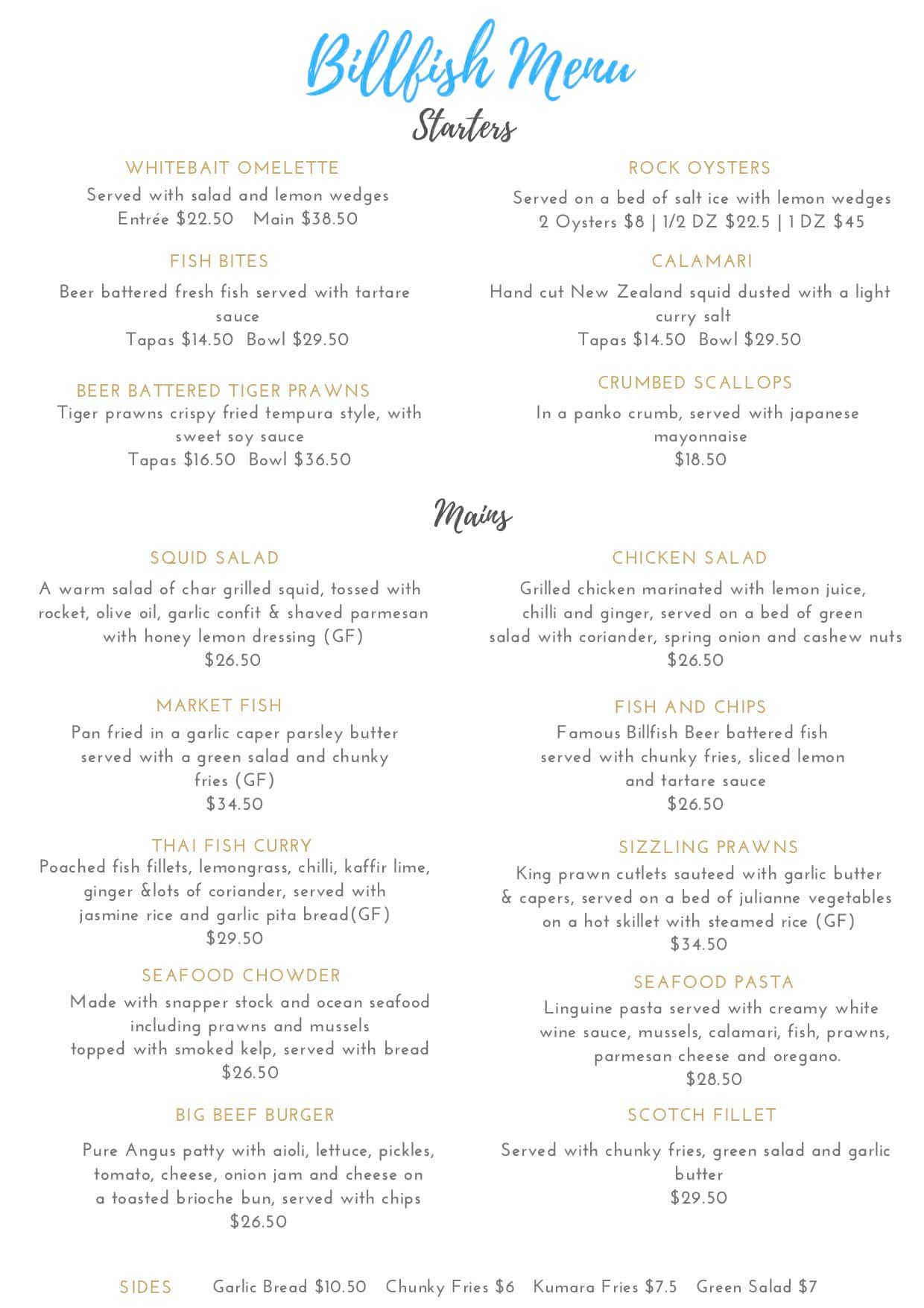 Menu at BILLFISH CAFE & RESTAURANT, Auckland, Z Pier Building