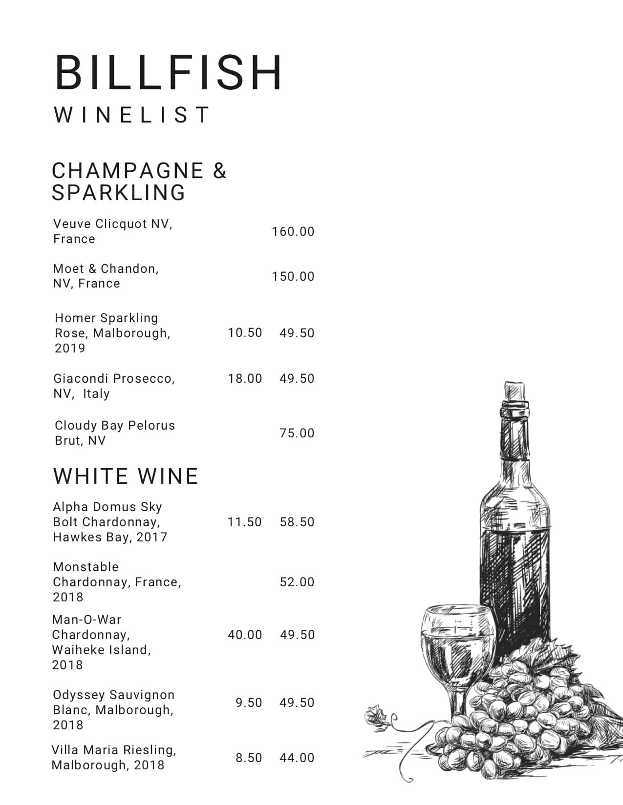 Menu at BILLFISH CAFE & RESTAURANT, Auckland, Z Pier Building