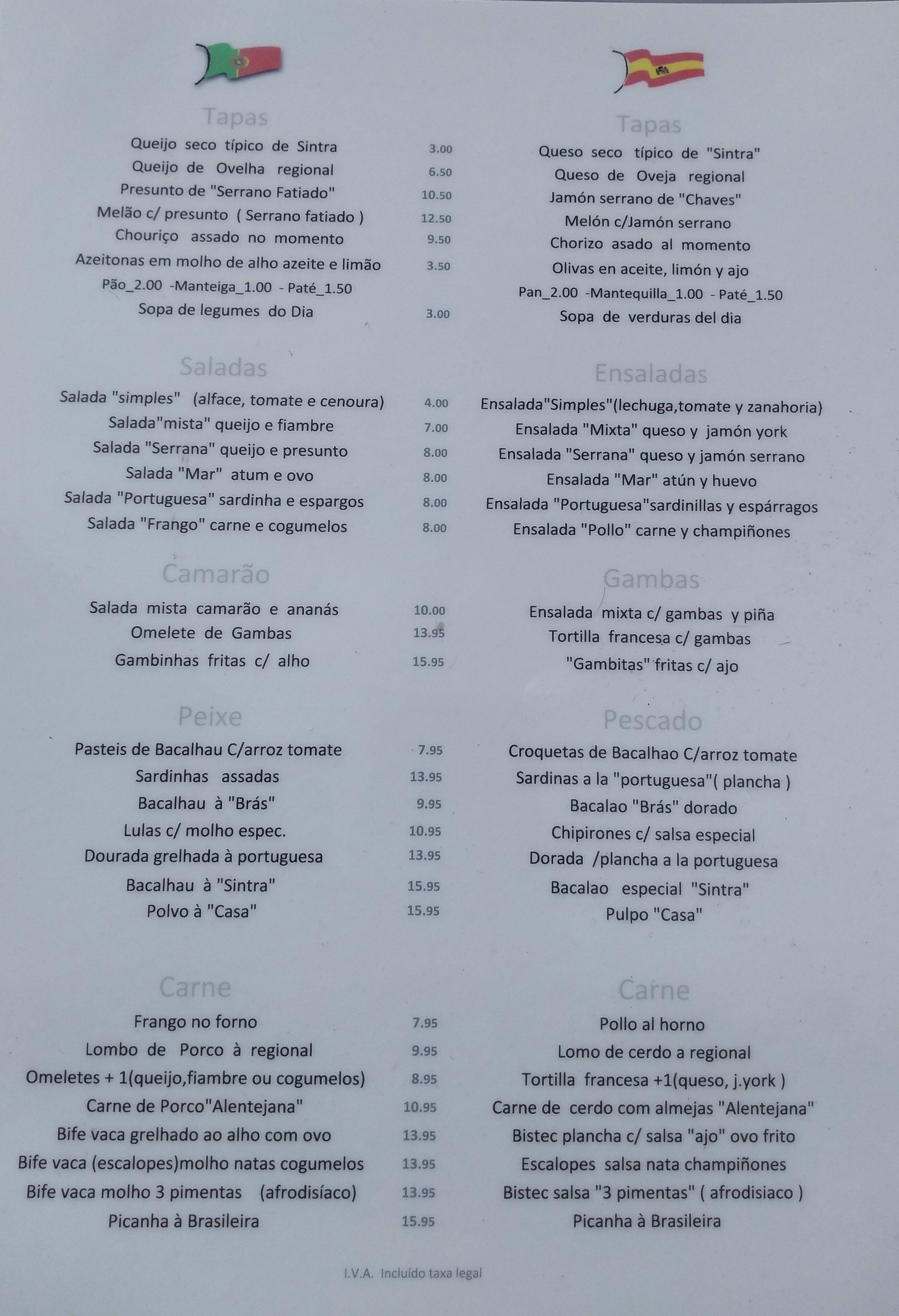 Menu at Central Palace Hotel restaurant, Sintra
