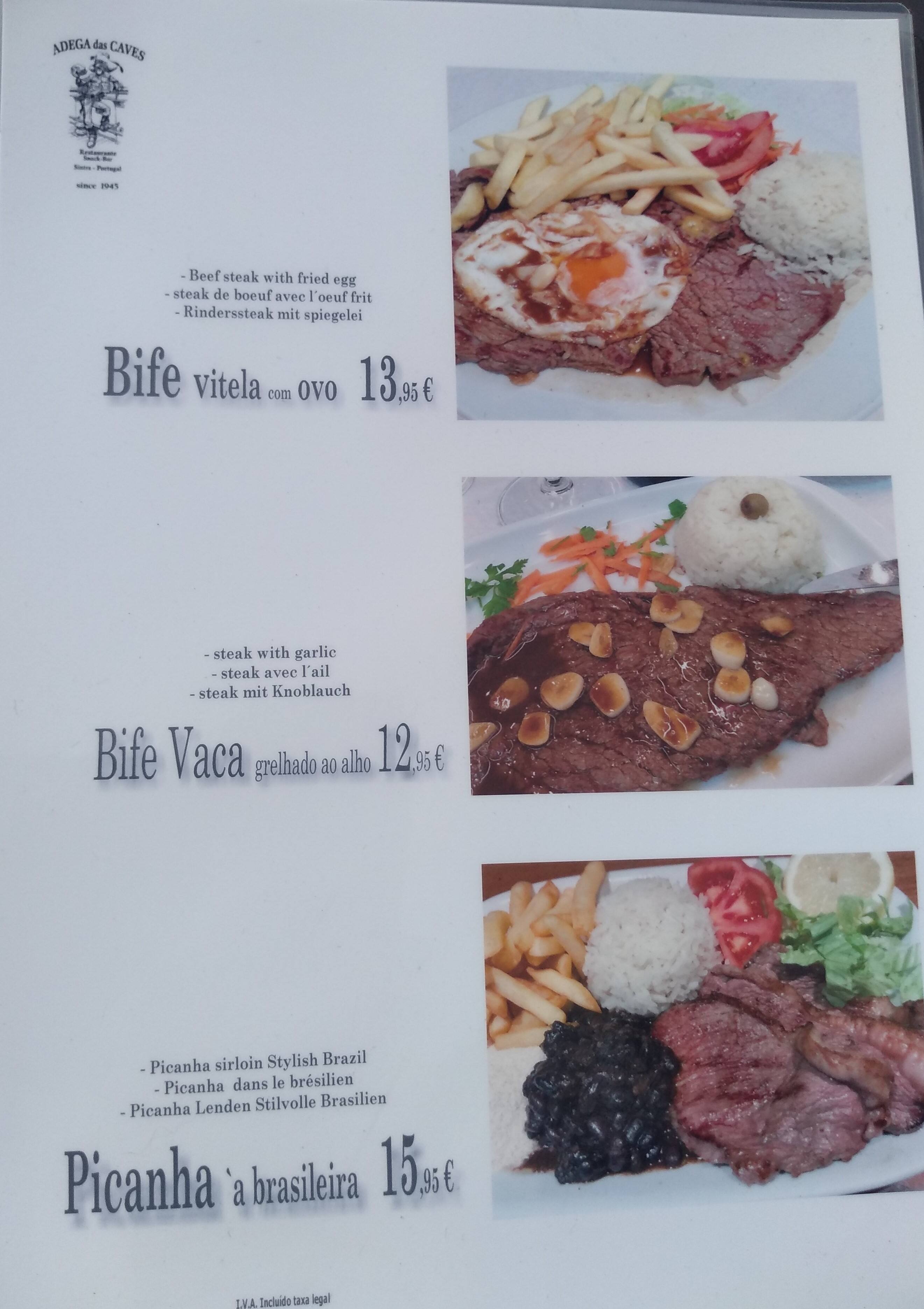 Menu at Central Palace Hotel restaurant, Sintra