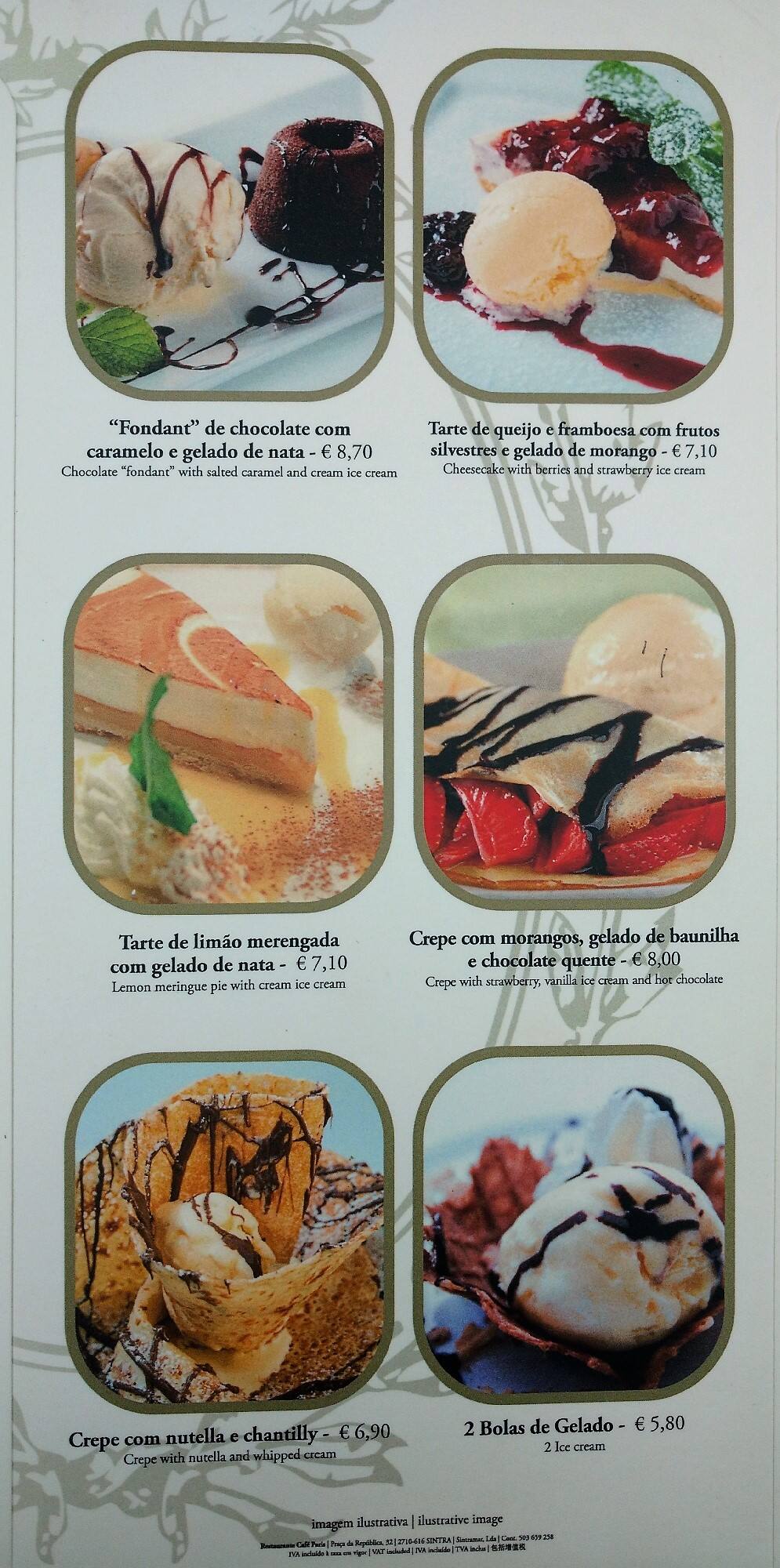 Menu at Central Palace Hotel restaurant, Sintra