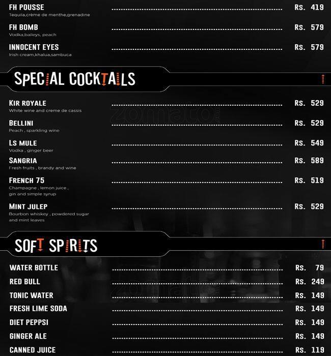 Menu at Fly High, Hyderabad