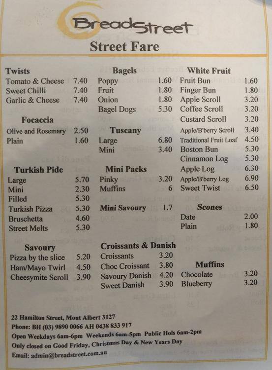 Menu at Bread Street restaurant, Mont Albert