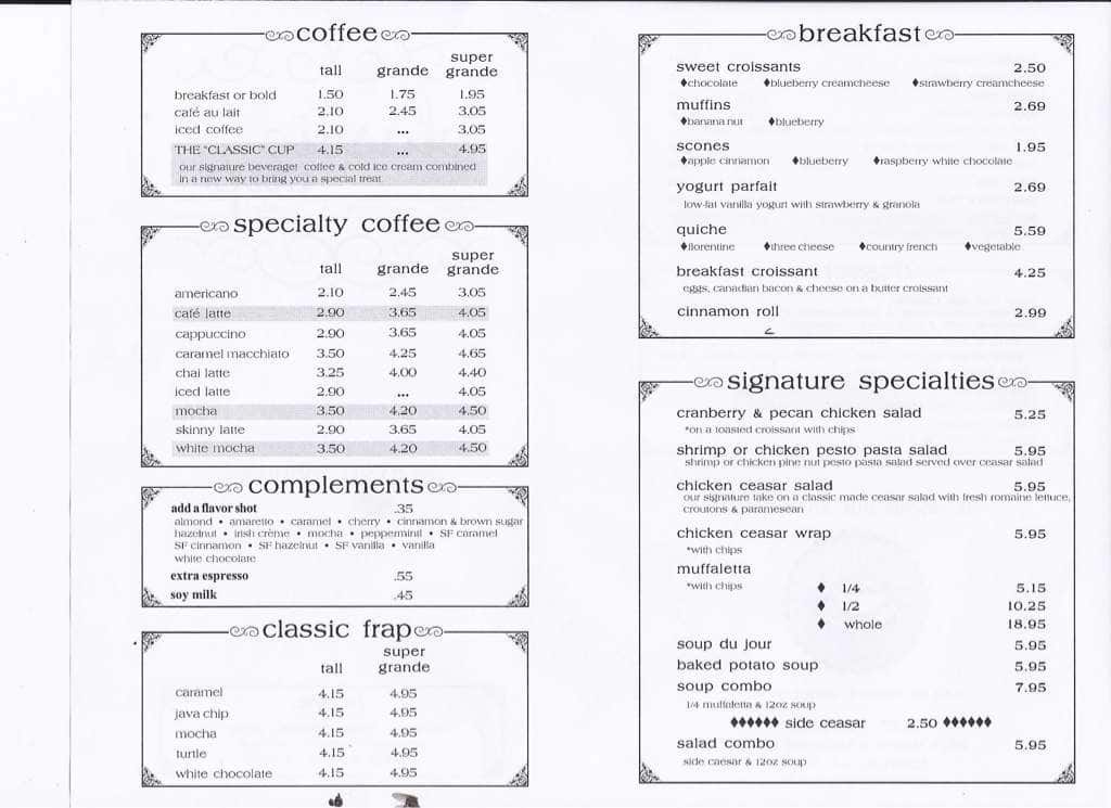 Classic Cup Menu, Menu for Classic Cup, Abbeville, Lafayette ...