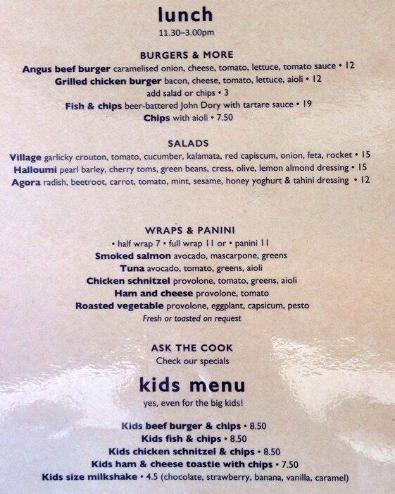 Menu at Balmoral Sandbar, Mosman