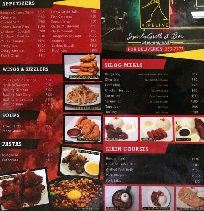 Menu at Pipeline pub & bar, Cebu City