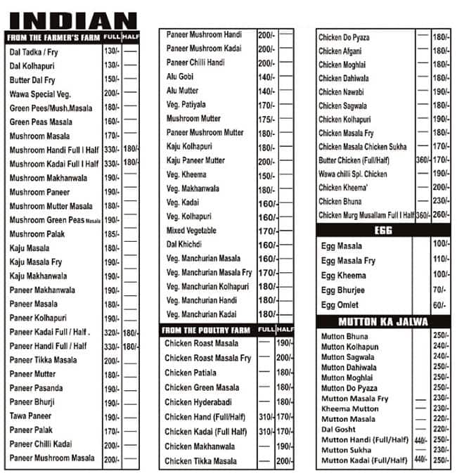 Menu of Wawa Chinese And Family Restaurant, Kandivali East, Mumbai
