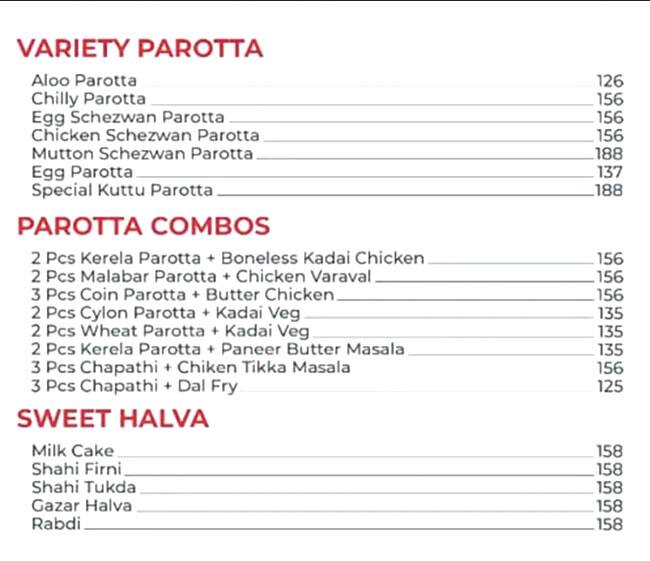 Menu of The Parotta Combo, Kalyan Nagar, Bangalore