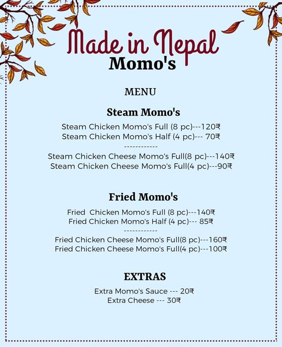 Menu of Made In Nepal Momo's, Vasai, Mumbai